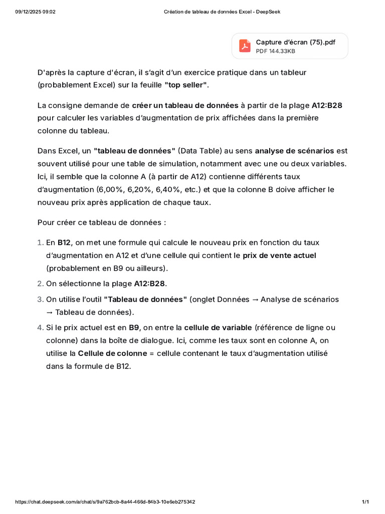 Création de Tableau de Données Excel - DeepSeek | PDF