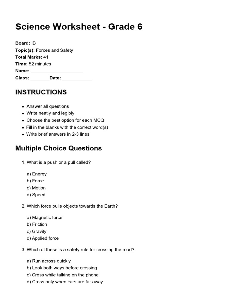 Worksheet Forces and Safety | PDF | Force | Friction