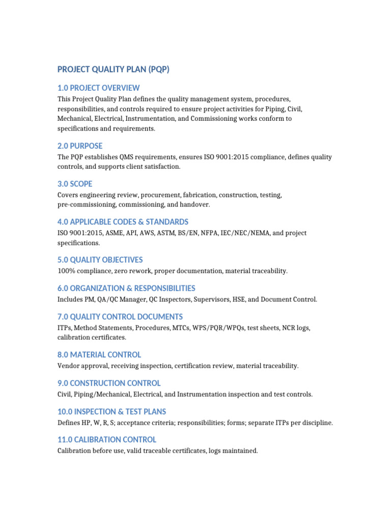 Project Quality Plan Overview and Controls | PDF