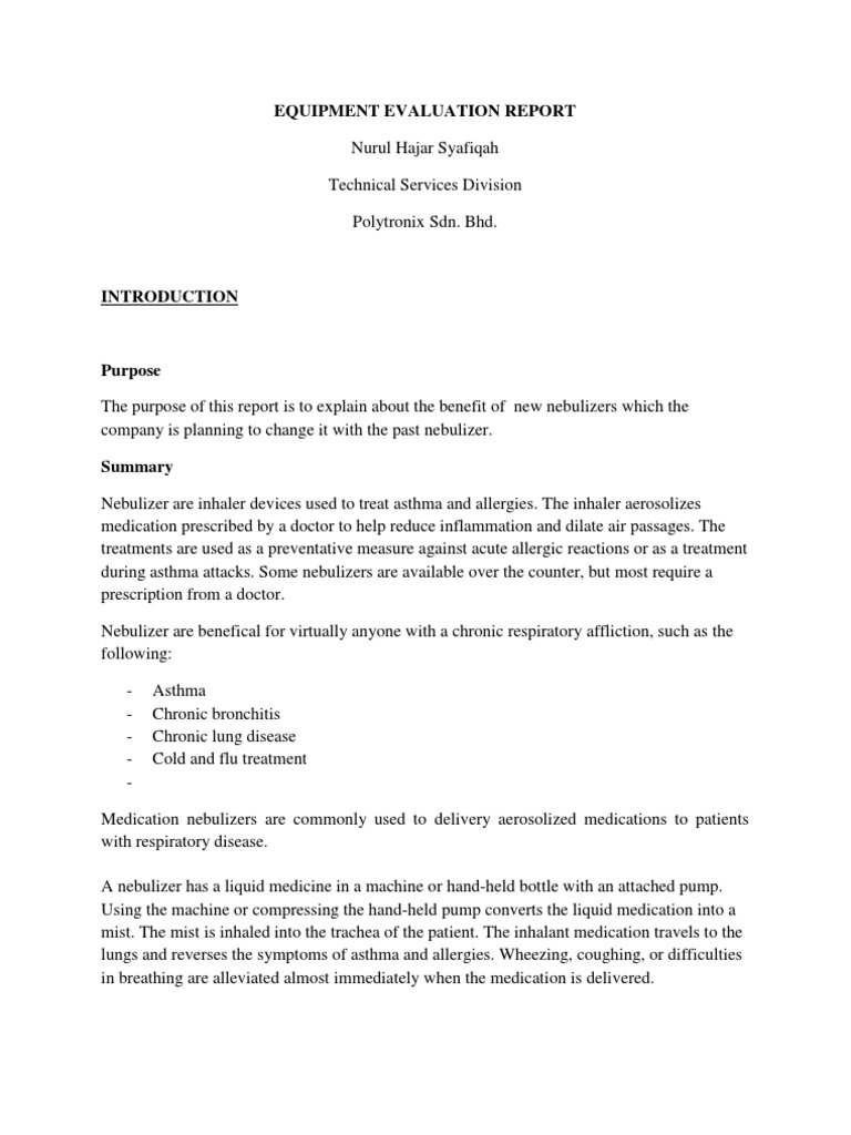 Equipment Evaluation Report | PDF | Asthma | Medicine