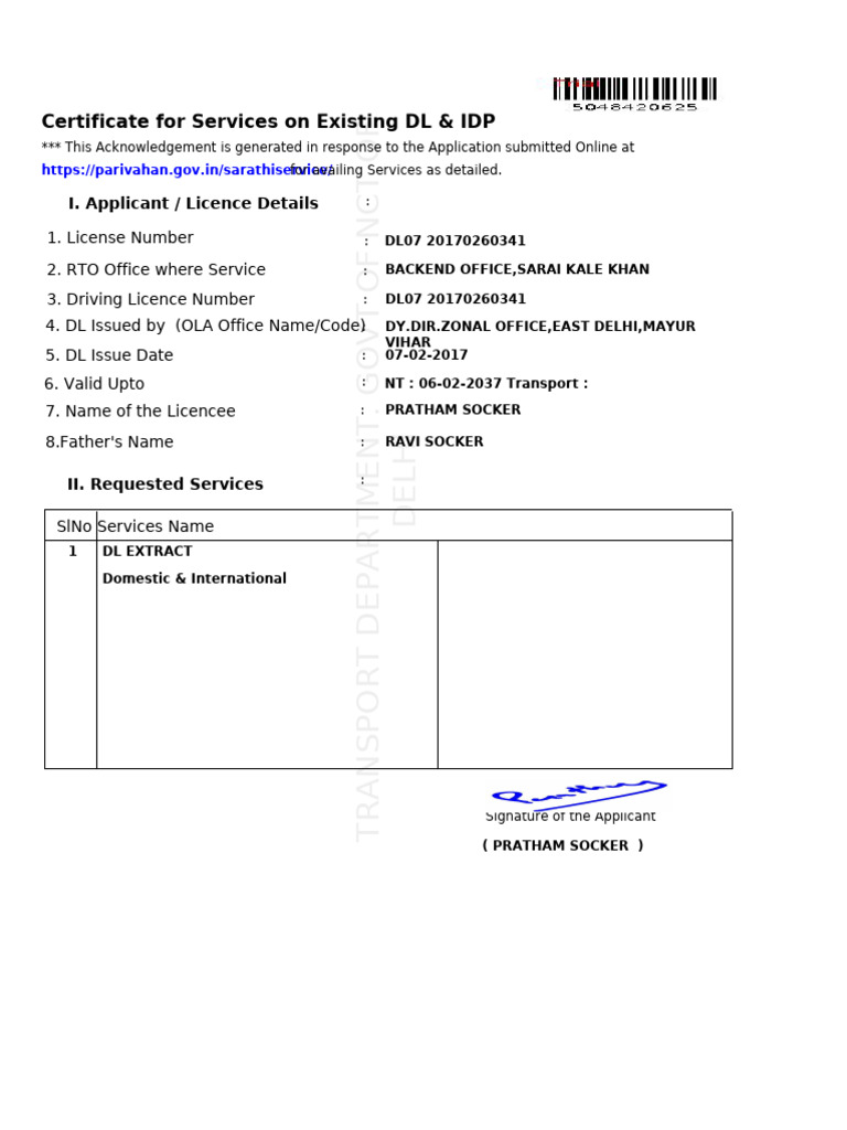 Certificate For Services On Existing DL & IDP: I. Applicant / Licence ...