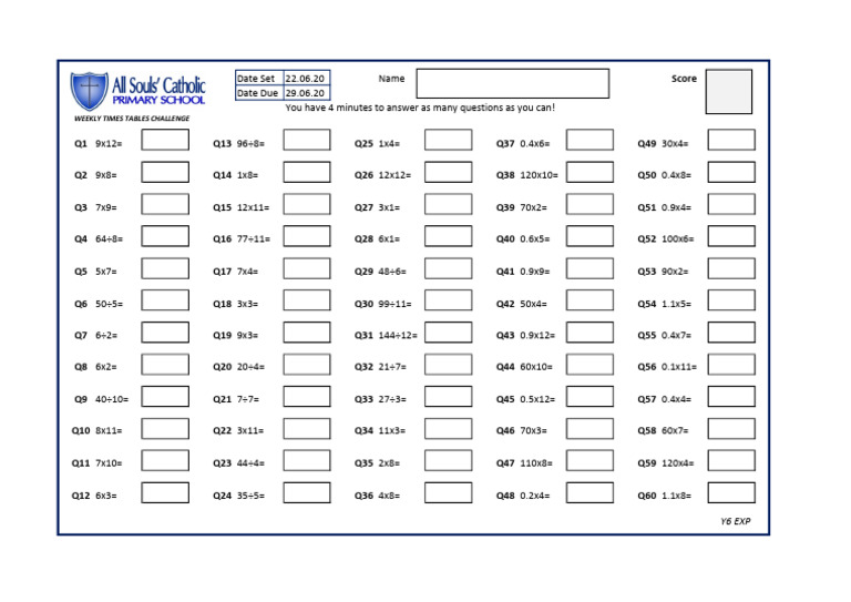 Weekly Times Tables Challenge Quiz | PDF