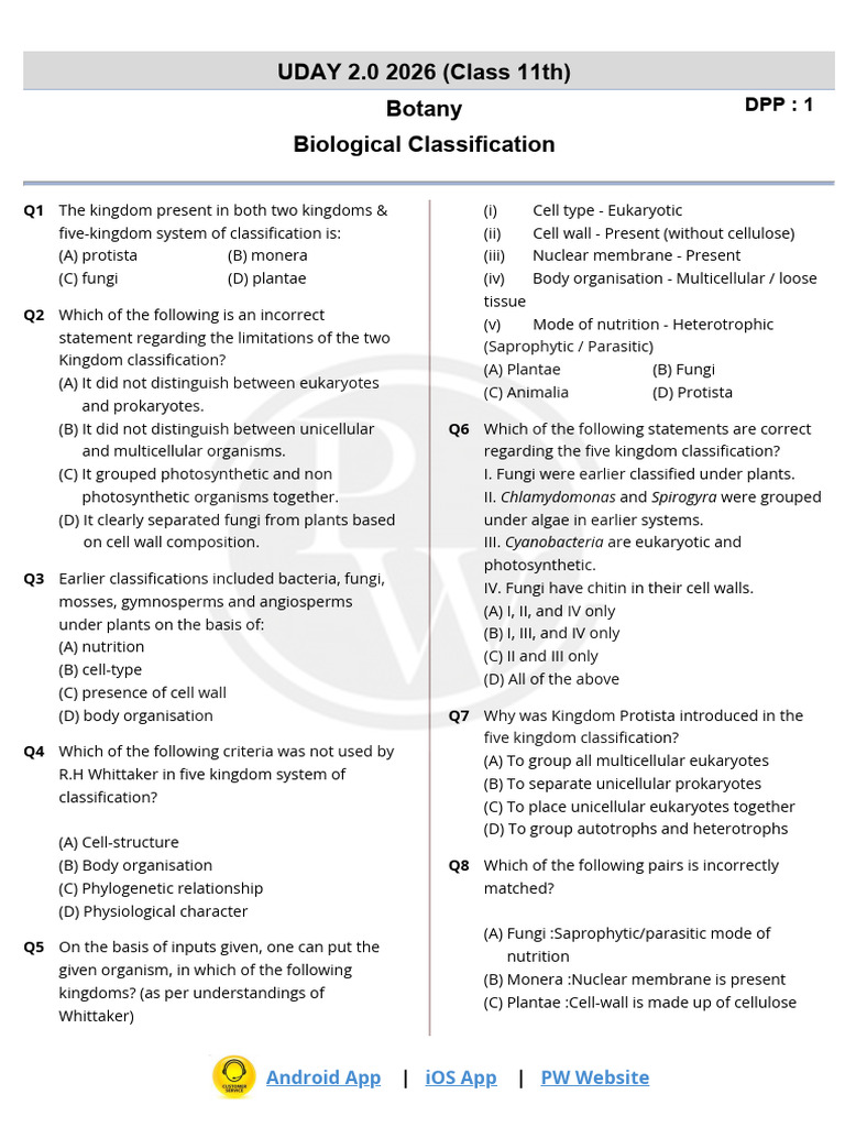 Biological Classification DPP 01 | PDF | Cell (Biology) | Cell Wall