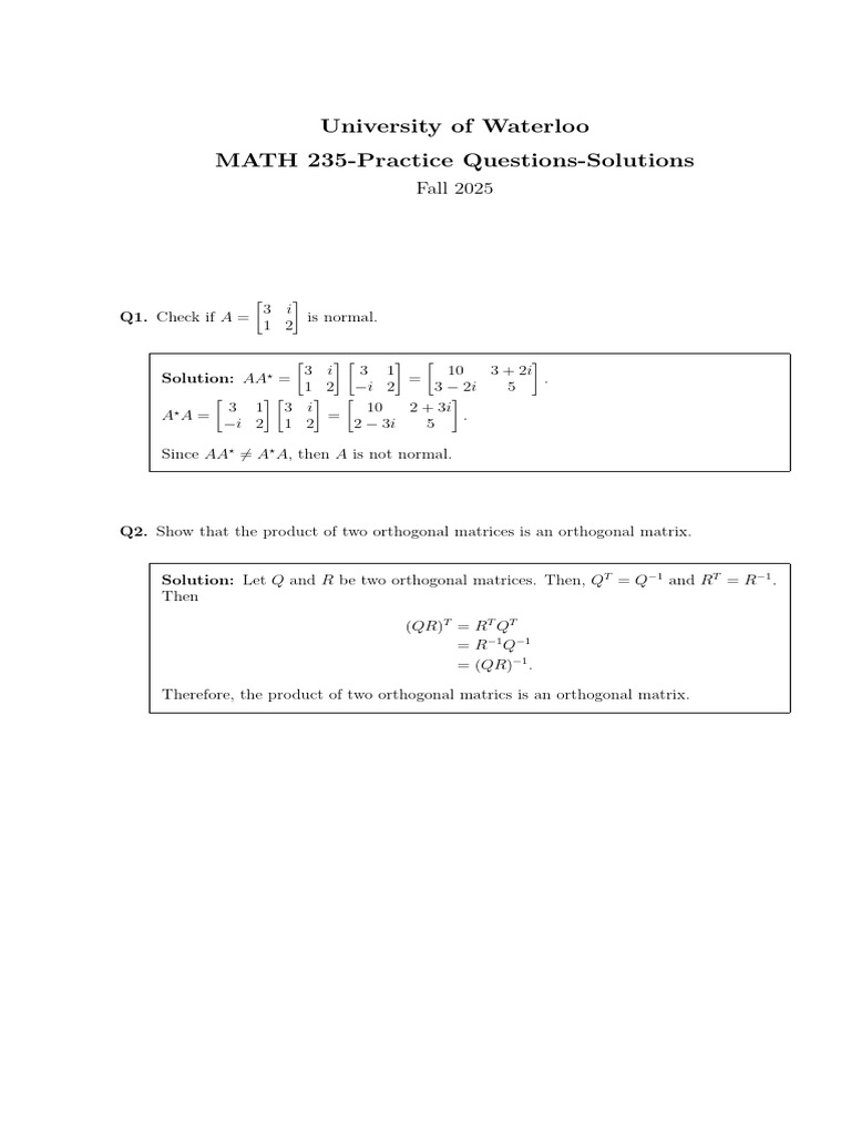 Math 235-Practice Questions-Solutions | PDF | Eigenvalues And Eigenvectors | Abstract Algebra