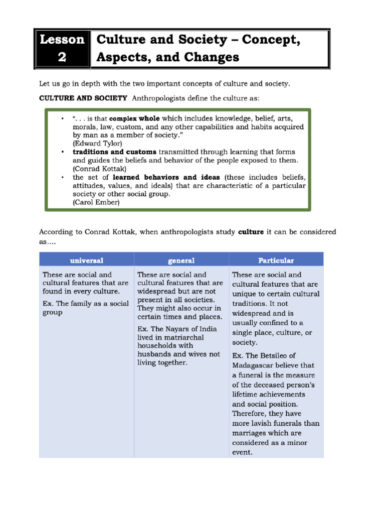 Lesson 2 Culture and Society Concept Aspects and Changes | PDF