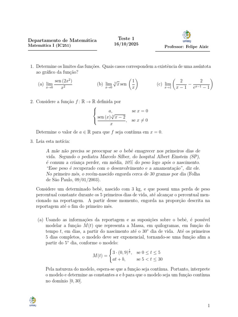 Teste de Matemática I: Limites e Funções | PDF | Função (Matemática ...