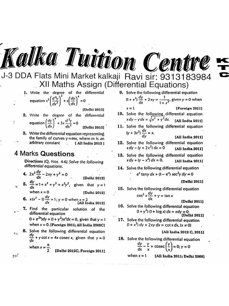 XII Maths Assign (Differential Equations) | PDF