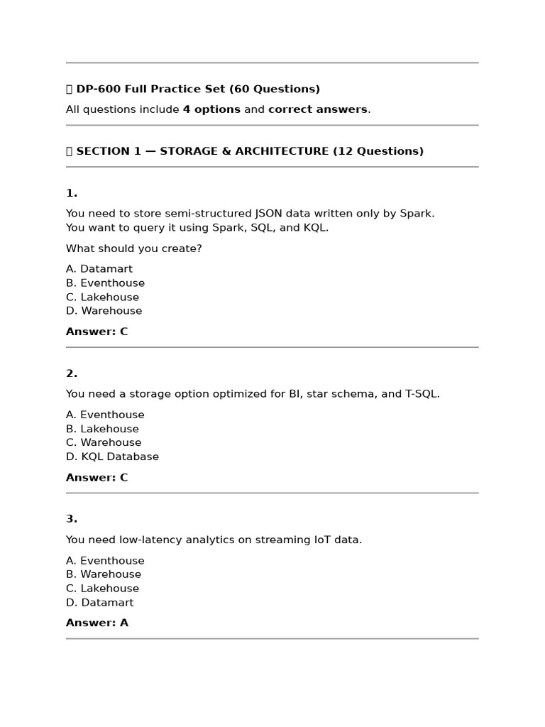 DP 600 Sample Questions | PDF | Databases | Table (Database)