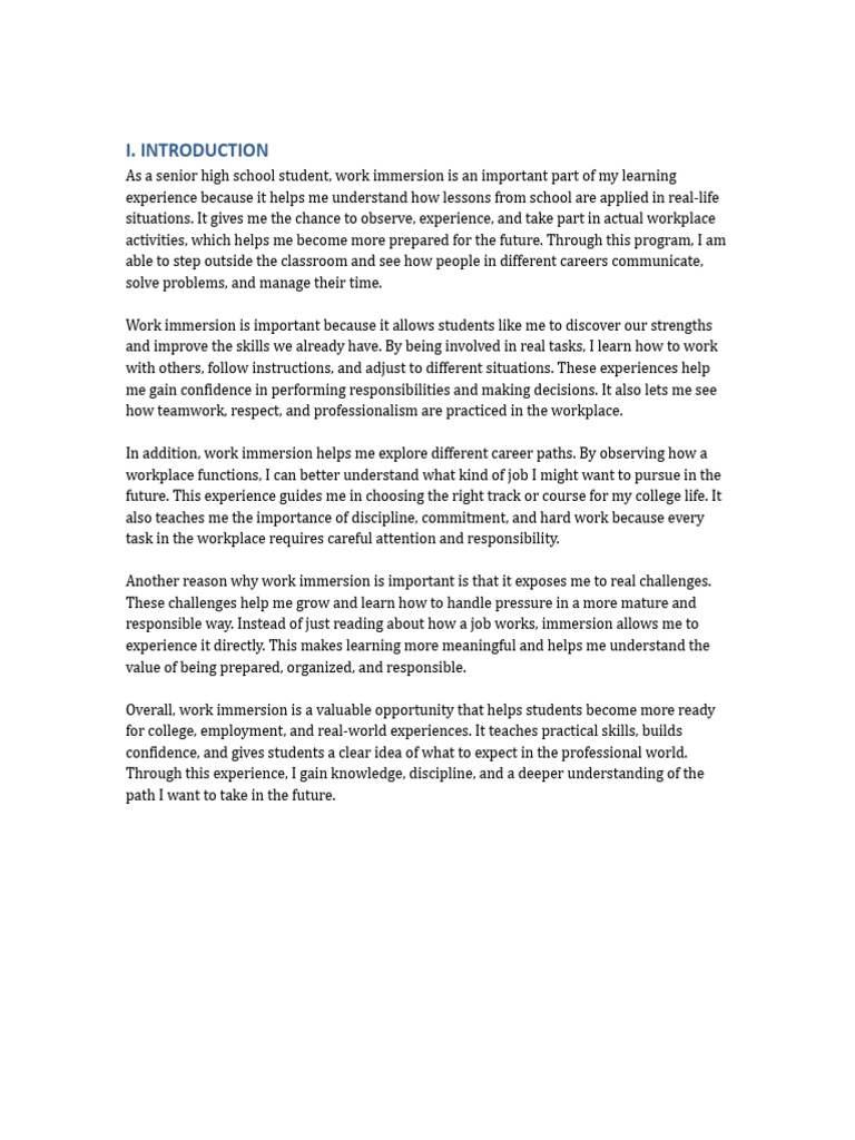Work Immersion Introduction Long | PDF