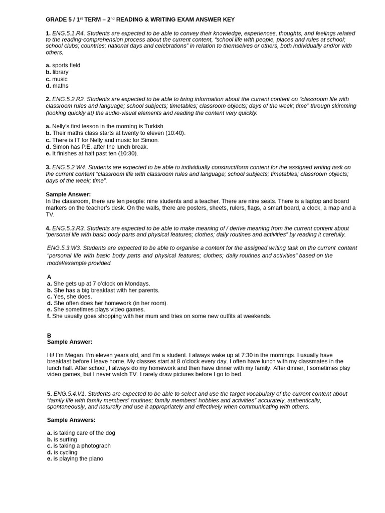 Grade 5 Reading & Writing Exam Key | PDF | Classroom