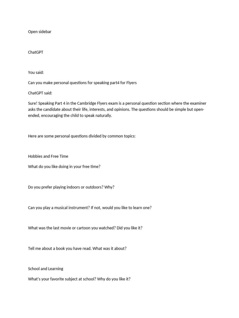 Personal Questions for Flyers Speaking Test | PDF
