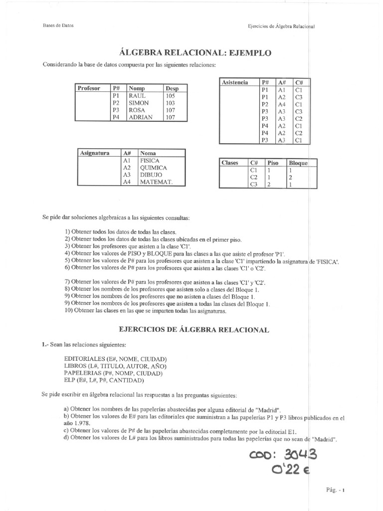 Algebra Relacional Ejemplo | PDF