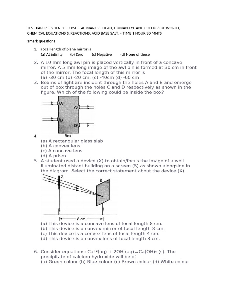 CBSE Science Test: Light & Chemical Reactions | PDF | Ion | Salt ...