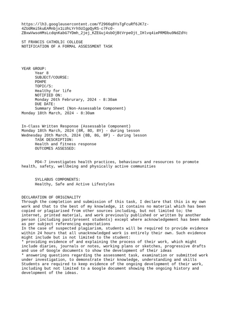 Aanav Lal - SFCC 8 PDHPE Formal Assessment One Notification 2024 | PDF ...