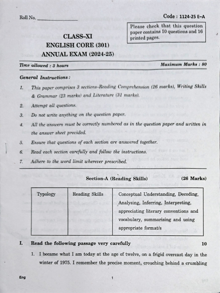 Class XI English Paper | PDF