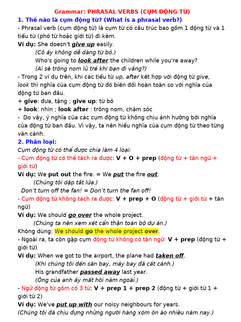 GRAMMAR 1 - Phrasal Verbs Ly Thuyet | PDF
