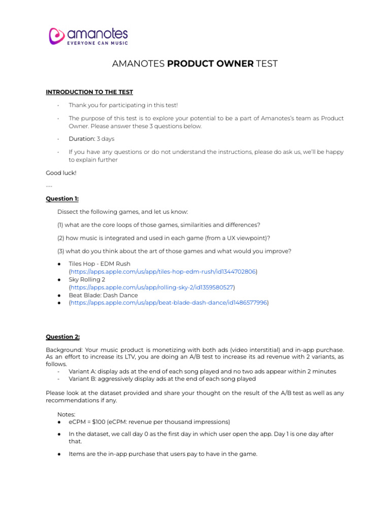 2022 - Amanotes Product Owner Test | PDF