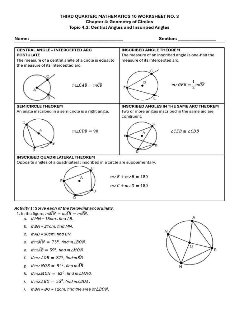 Q3 Math 10 Worksheet 3 Central Angle and Inscribed Angles | PDF ...