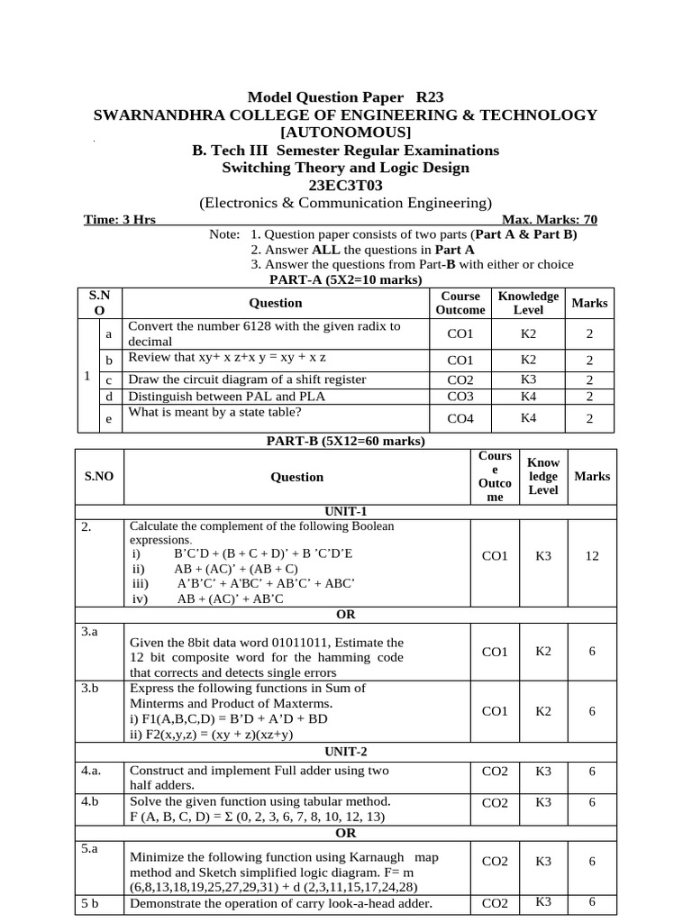 r23 III Sem Stld Model Question Paper | PDF | Computer Engineering ...