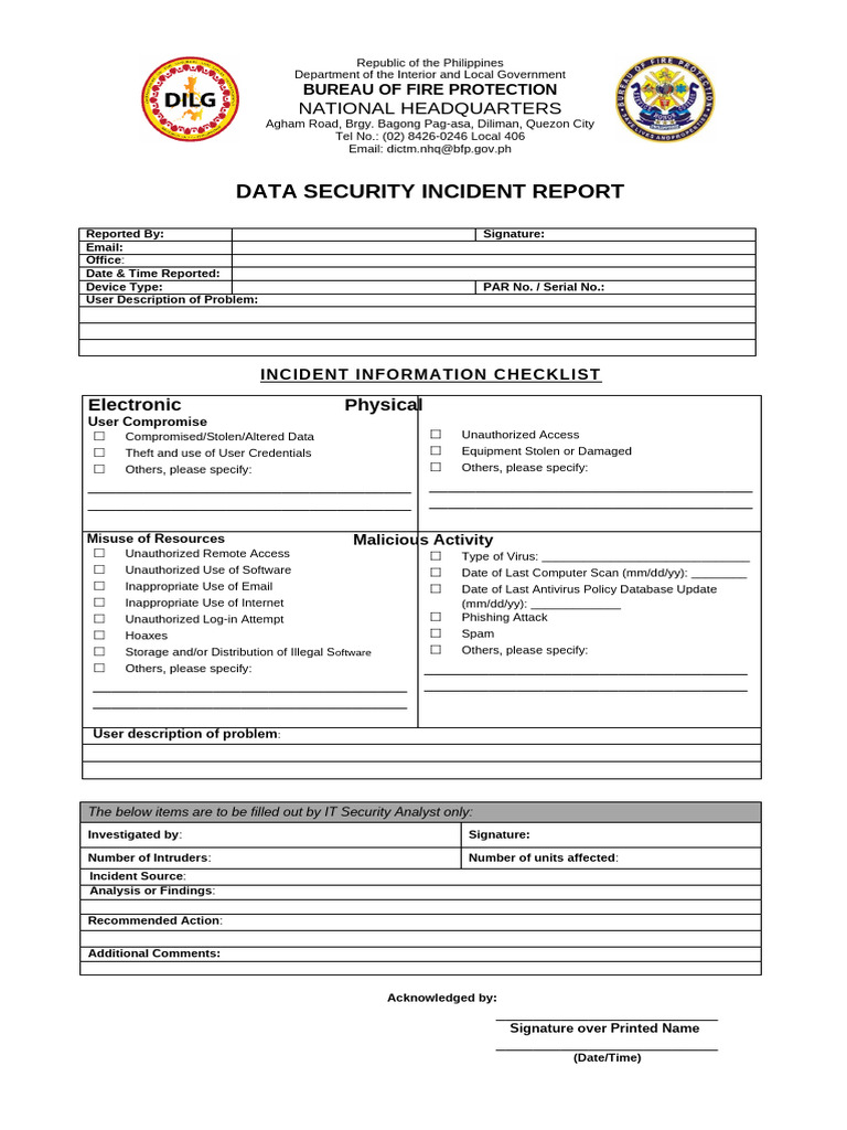 Template Data Security Incident Report | PDF | Security | Computer Security