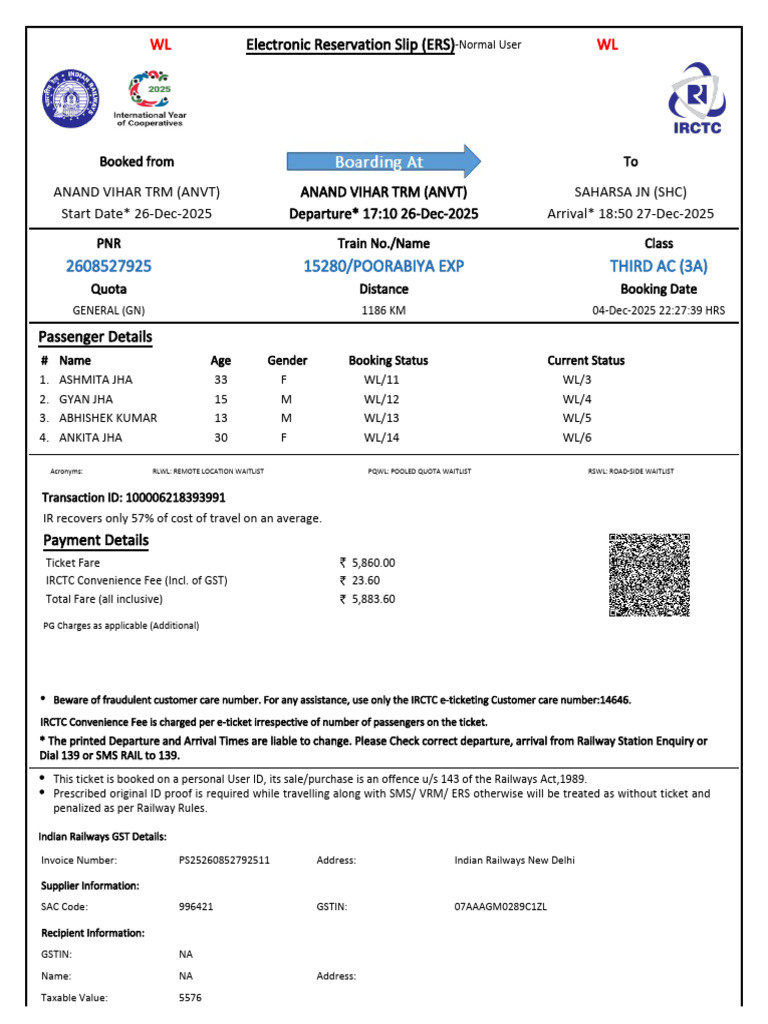 15280/poorabiya Exp Third Ac (3A) : WL WL | PDF | Identity Document ...