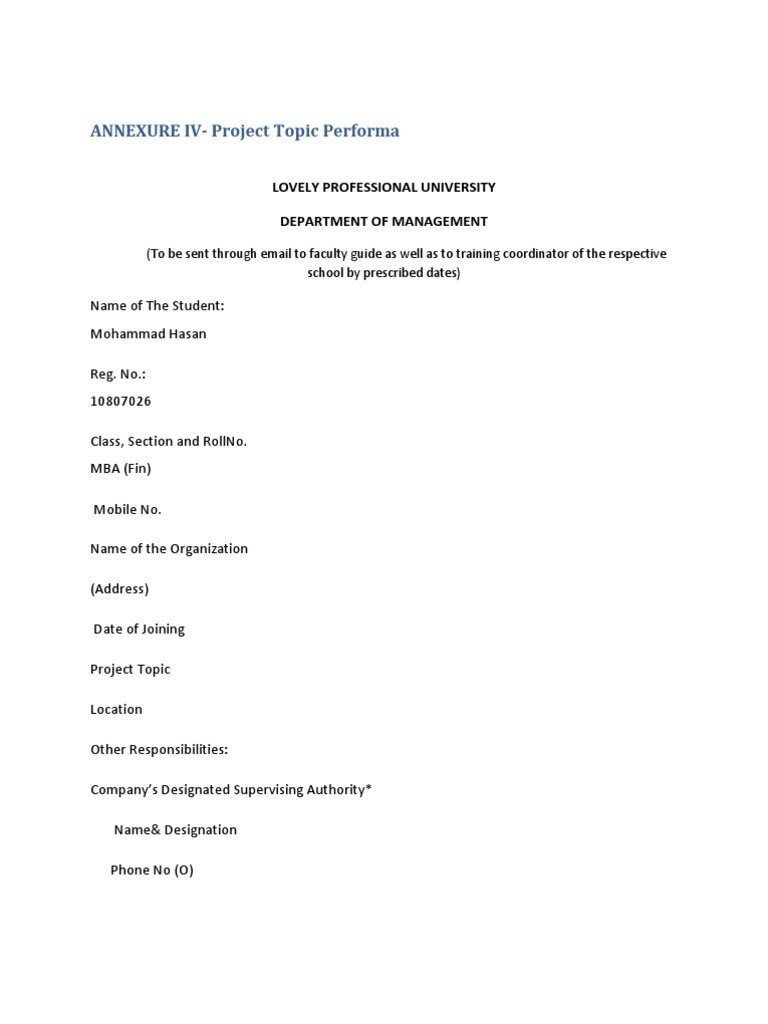 ANNEXURE IV-Project Topic Performa: Lovely Professional University ...