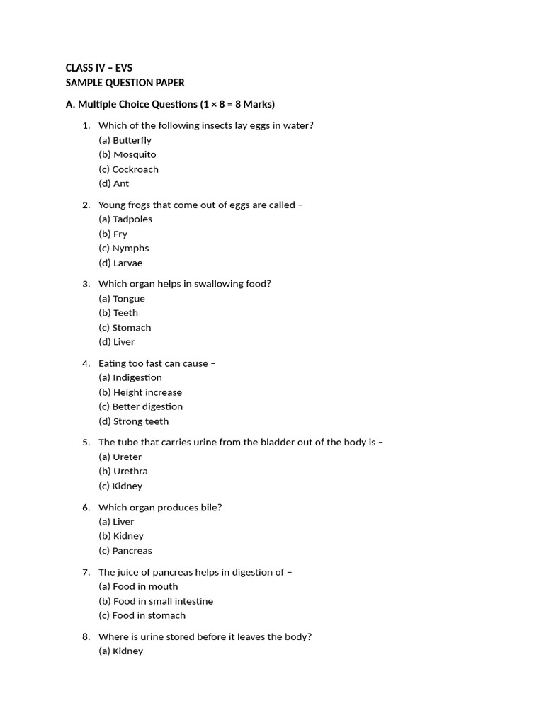 Class IV EVS Sample Question Paper | PDF | Digestion | Urine