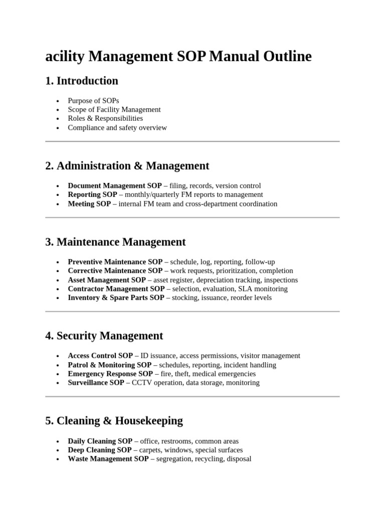 Facility Management SOP Manual Outline | PDF