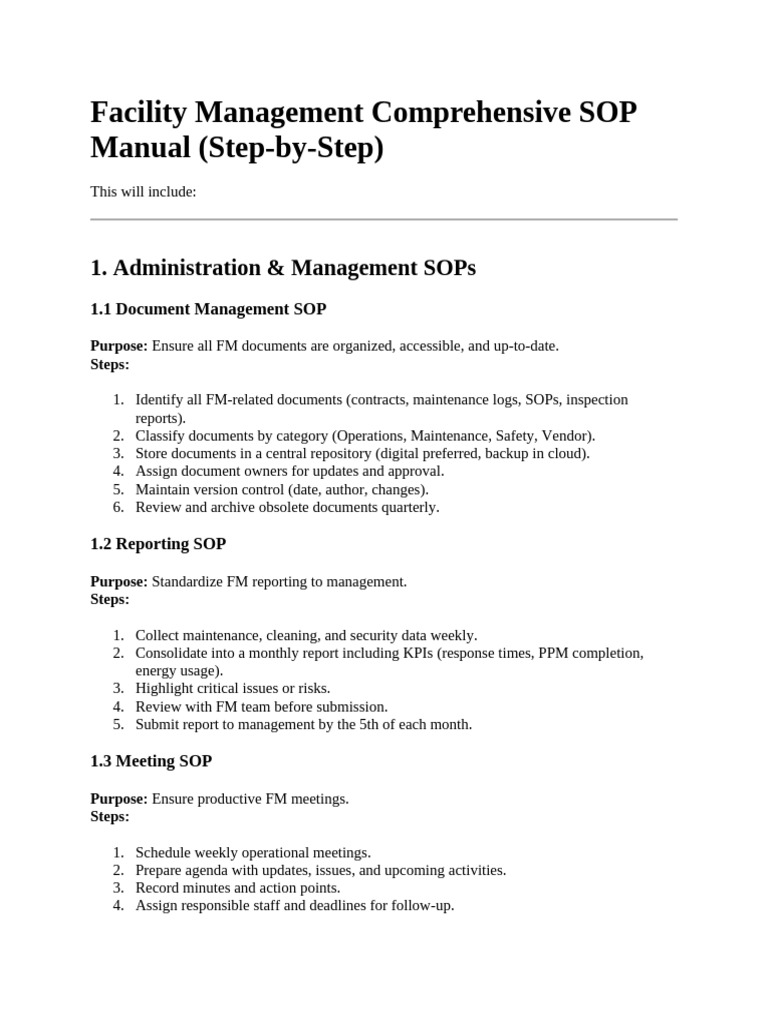 Facility Management SOP Manual Guide | PDF | Waste Management | Emergency