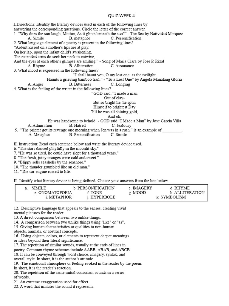 Literary Devices QUIZ QTR. 1 WEEK 4 | PDF | Poetry