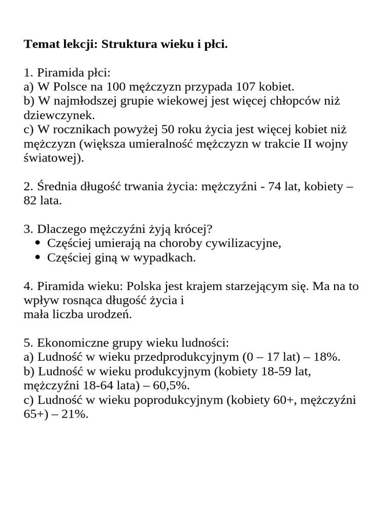 Struktura Płci I Wieku Notatka Kl7 | PDF