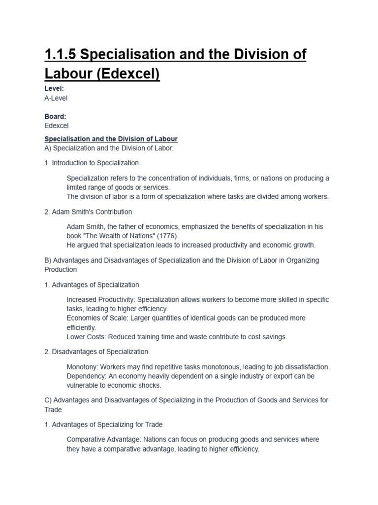 Specialisation and The Division of Labour | PDF | Division Of Labour ...