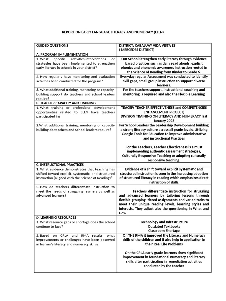 Early Literacy and Numeracy Report | PDF | Literacy | Differentiated ...