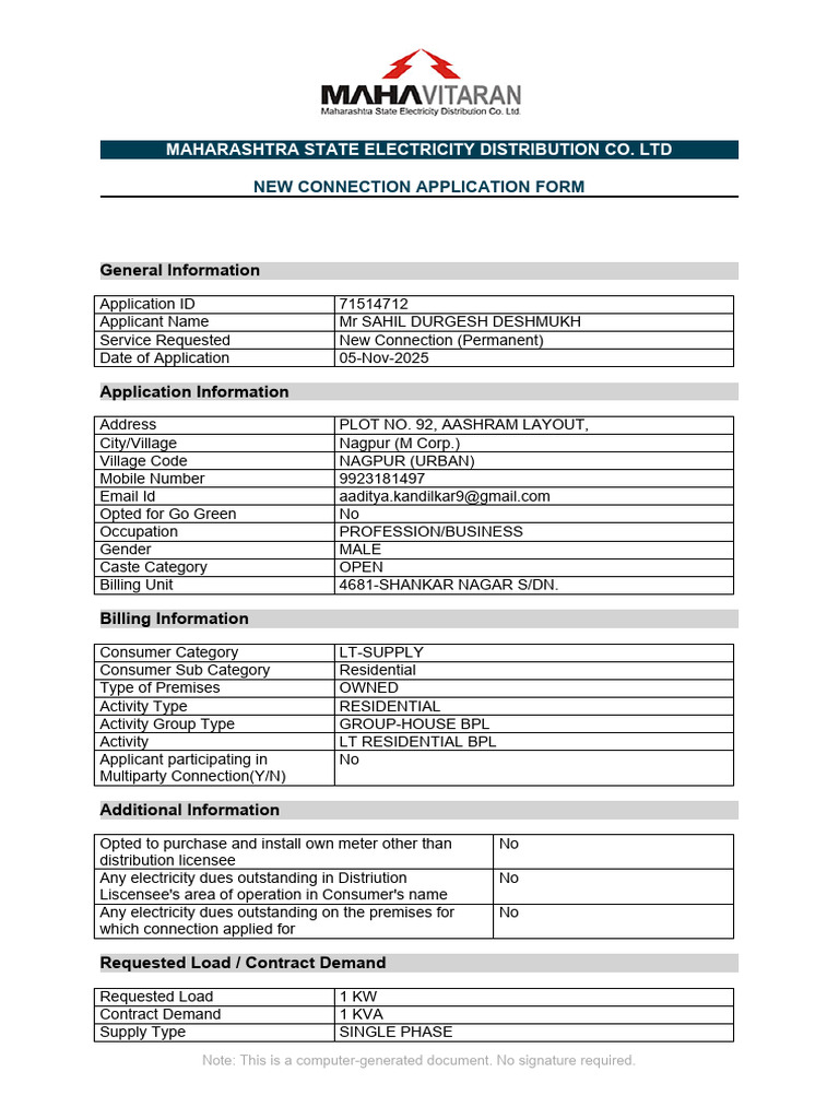 MSEDCL New Connection Application PDF 71514712 | PDF