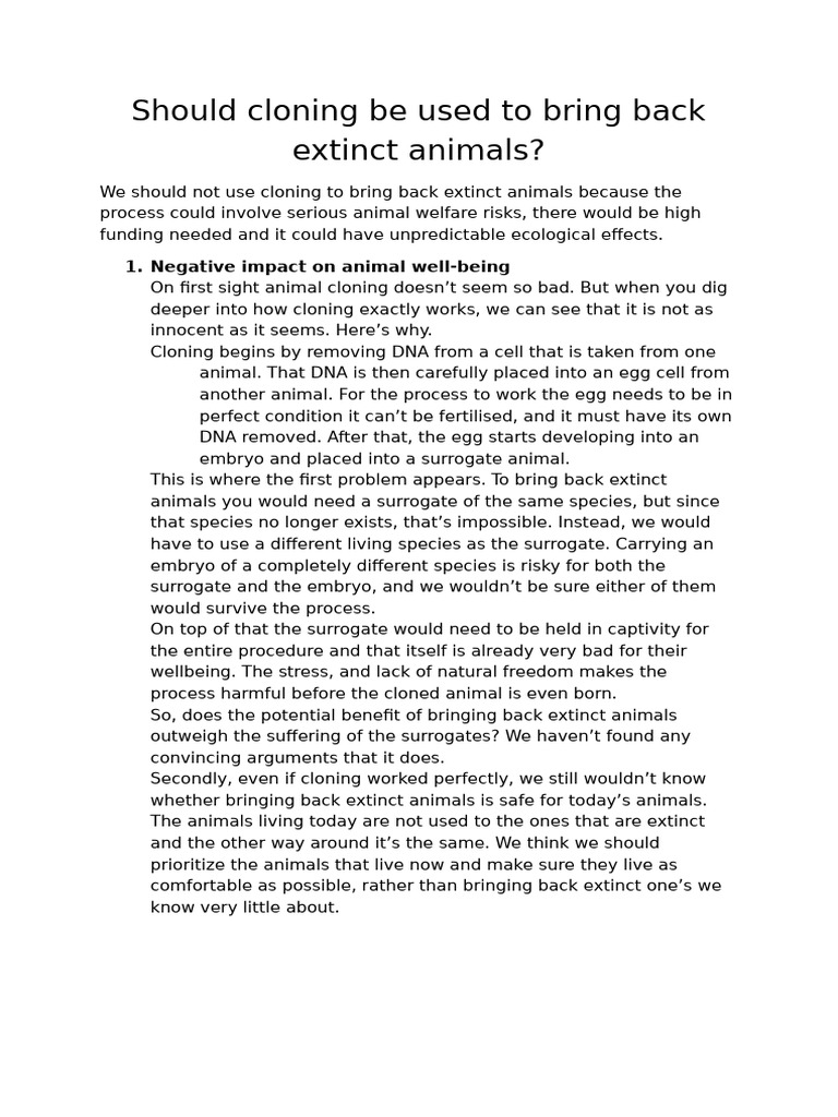 Should Cloning Be Used To Bring Back Extinct Animals | PDF | Extinction ...