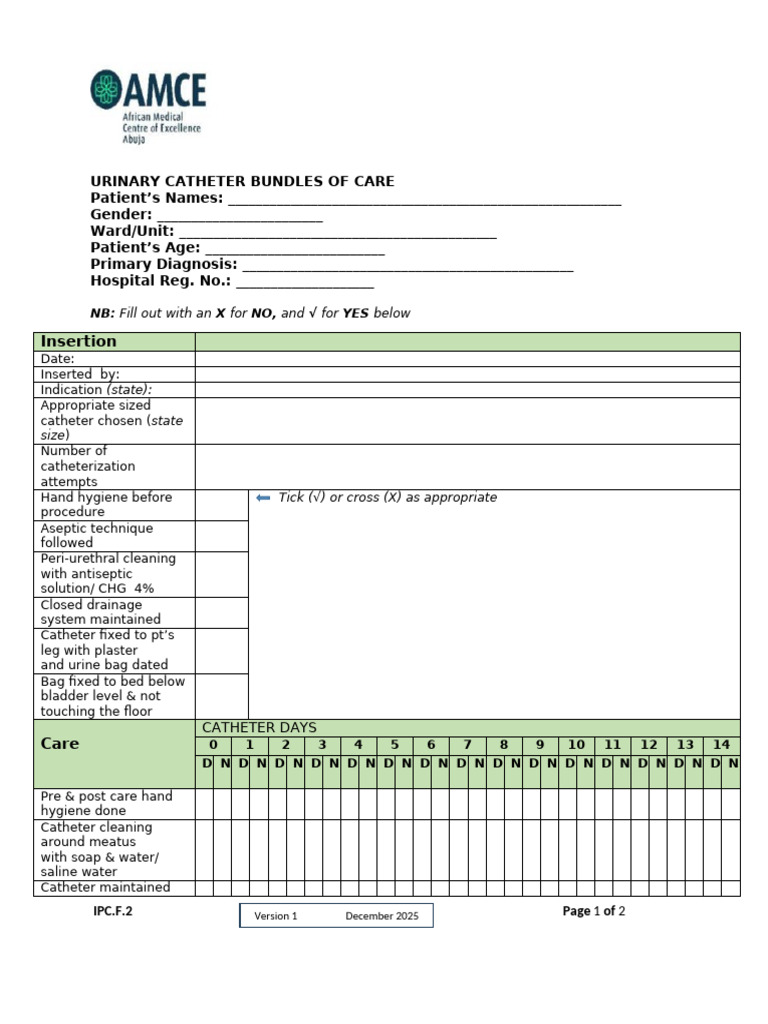 Urinary Catheter Care Checklist | PDF