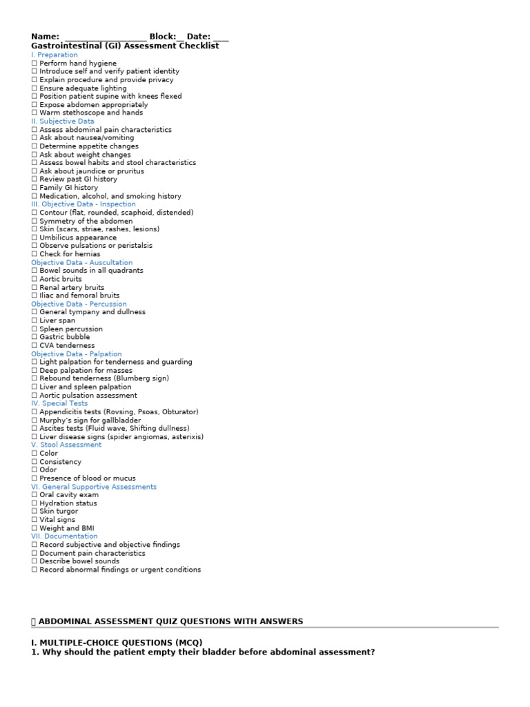 Gastrointestinal Assessment Check List | PDF | Abdomen | Medical ...