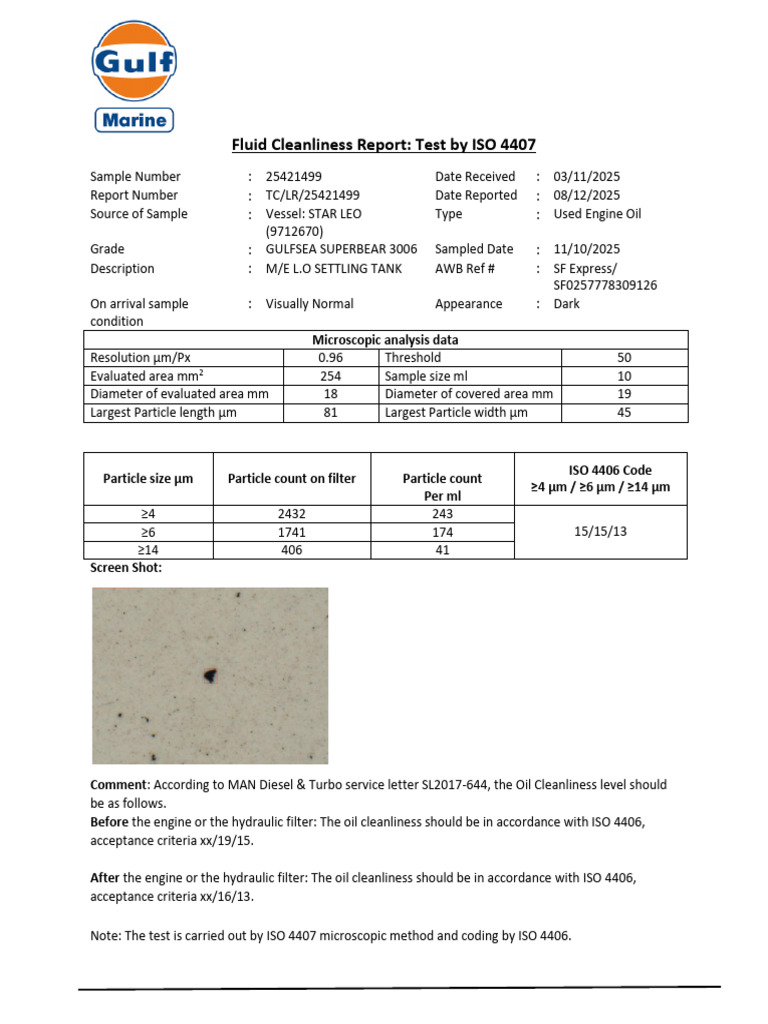 Fluid Cleanliness Test Report ISO 4407 | PDF