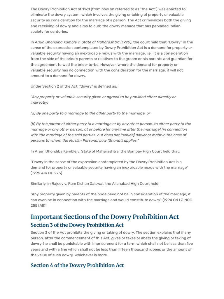 Dowry Prohibition Act 1961 | PDF | Marriage | Social Institutions