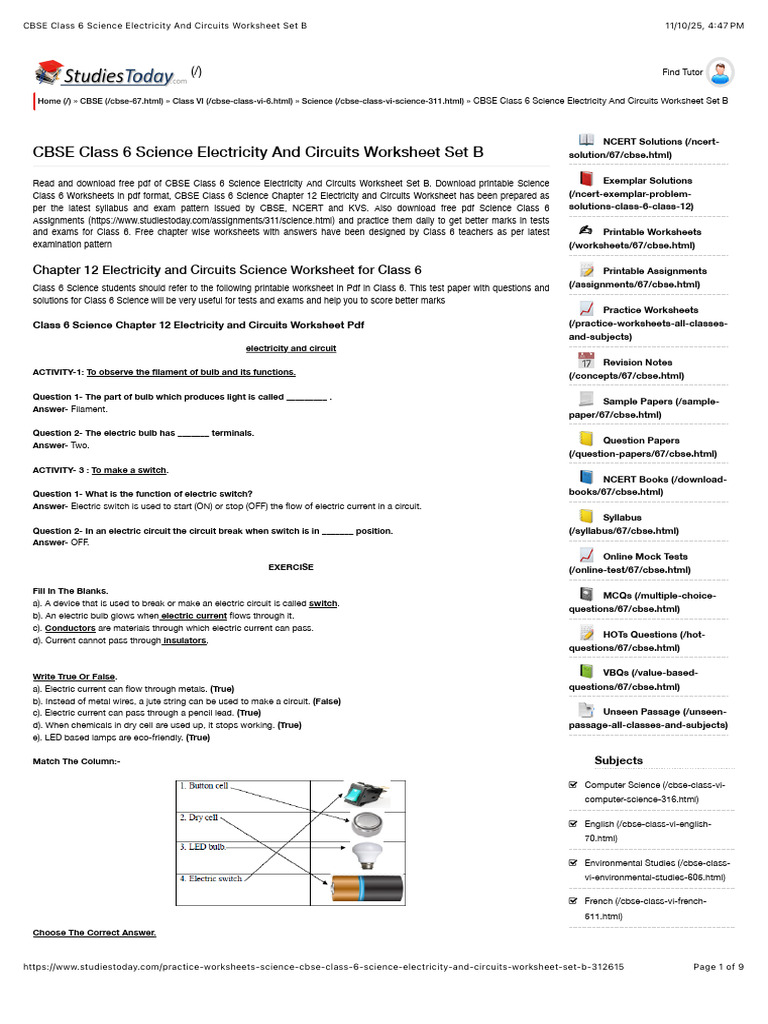 Class 6 Science: Electricity Worksheet B | PDF | Electric Current ...