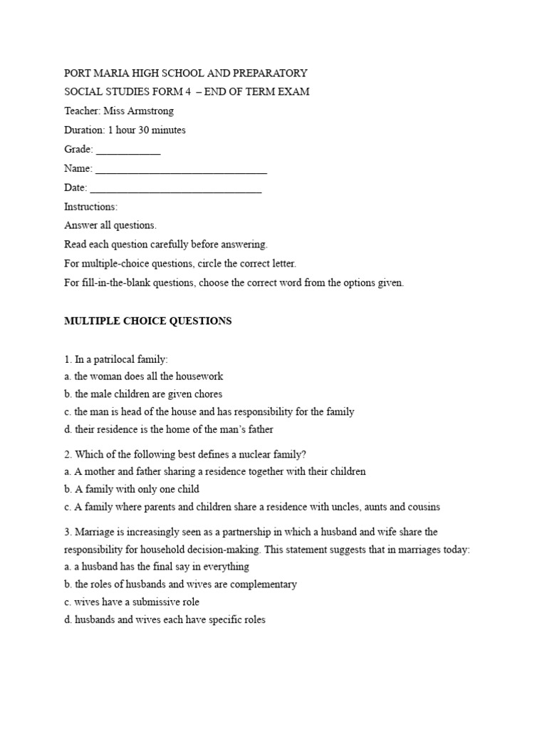 SOCIAL STUDIES FORM 4 – END OF TERM EXAM | PDF | Family | Marriage