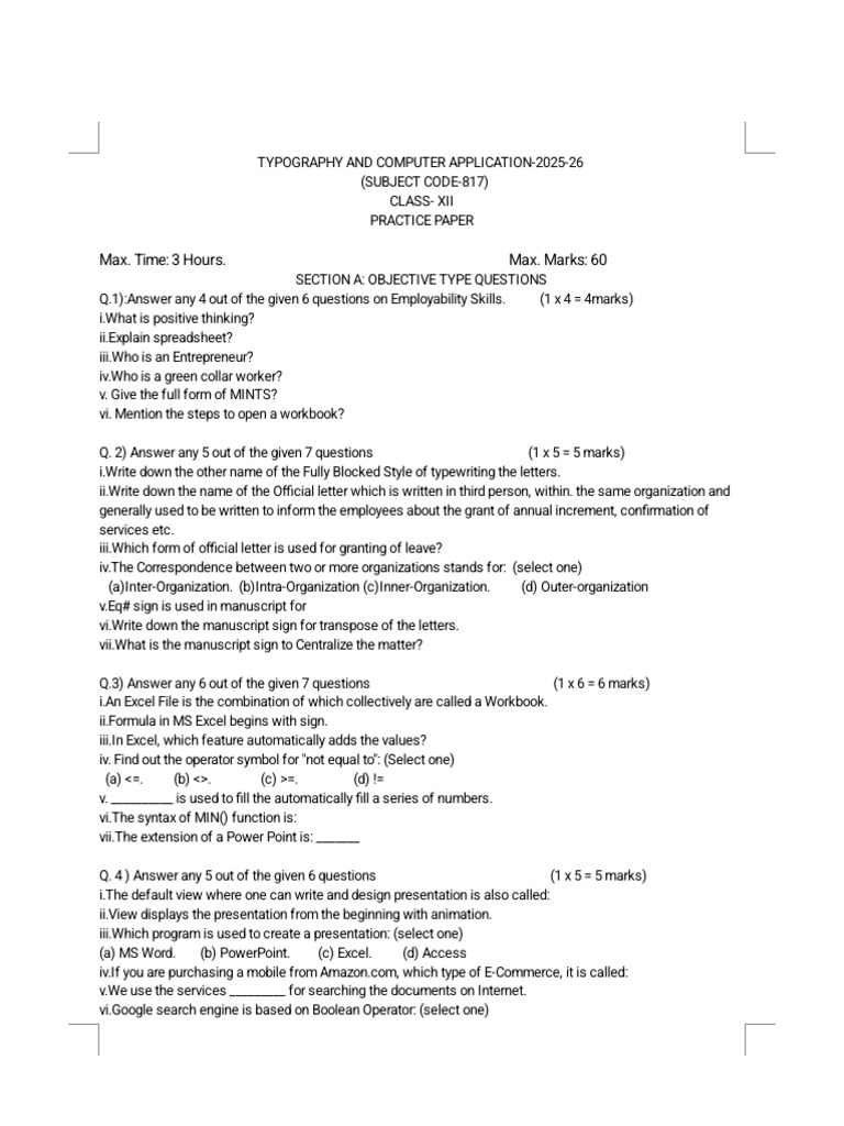 Class XII Typography Practice Paper | PDF | Microsoft Excel | Computing