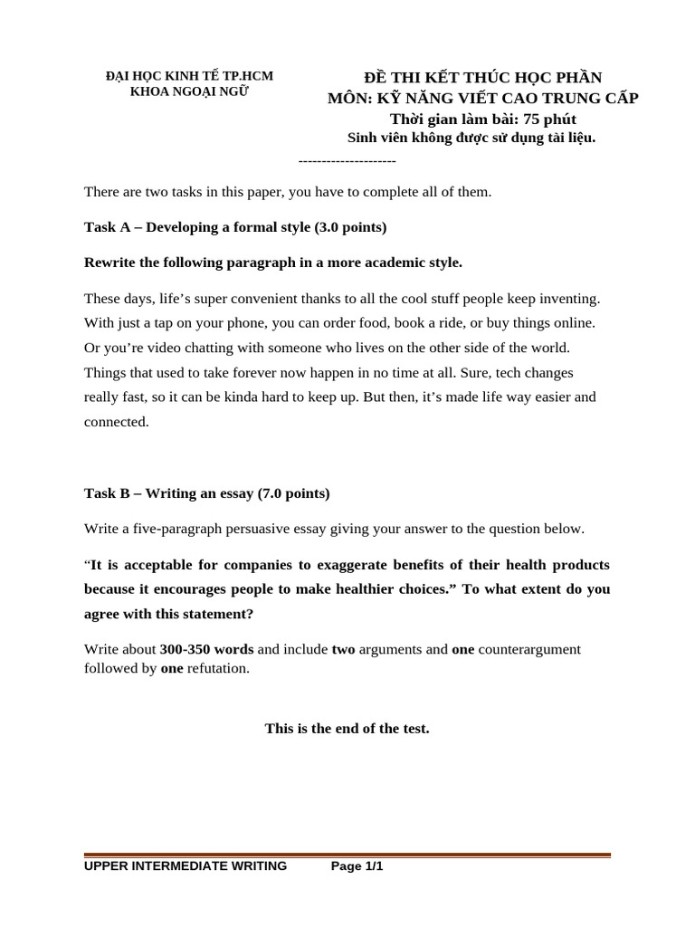 Sample Final Test Writing Upper Intermediate - 2025 | PDF