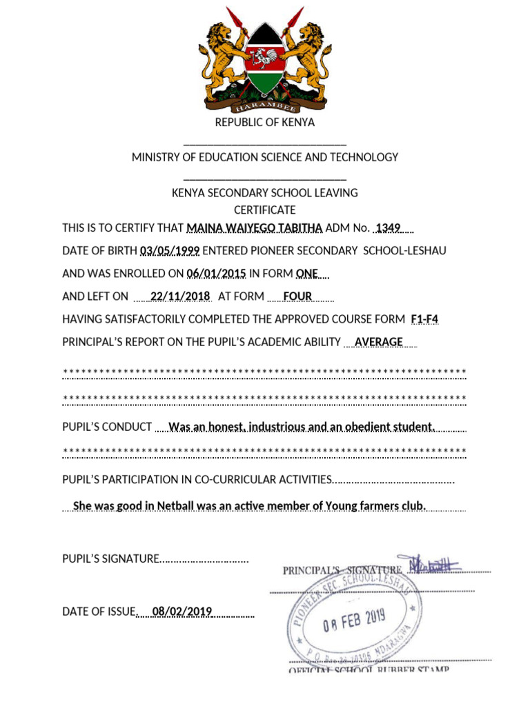 Kenya Secondary School Certificate | PDF