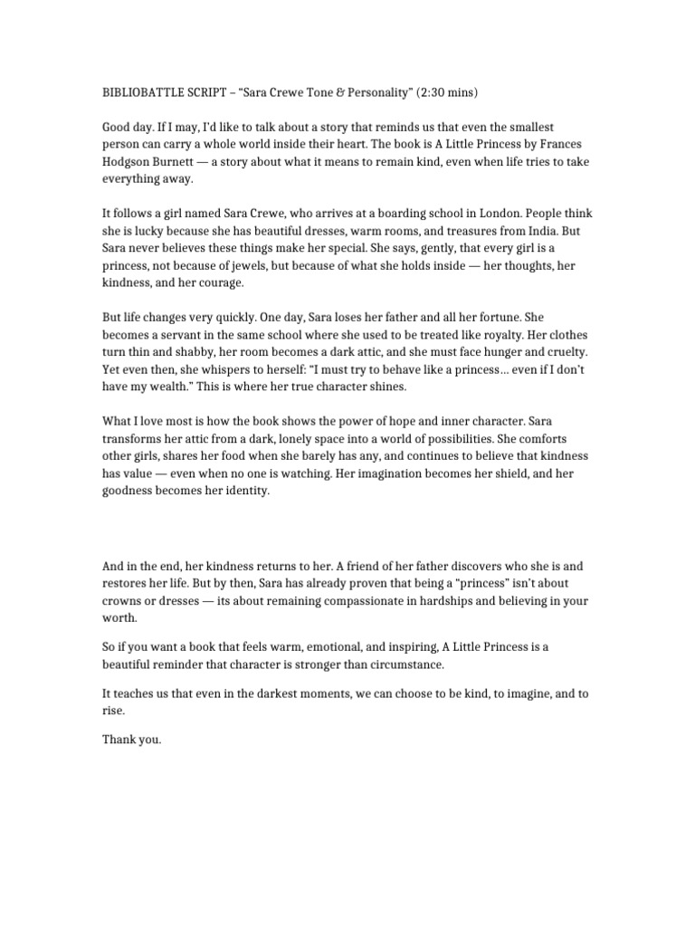 Sara Crewe Bibliobattle | PDF