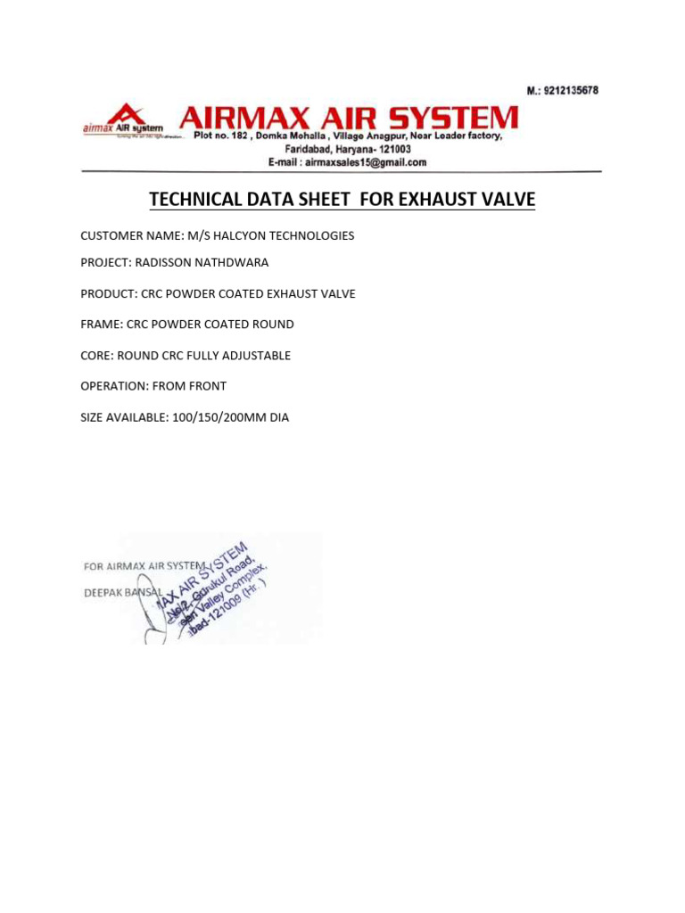 Tds For Exhaust Valve | PDF