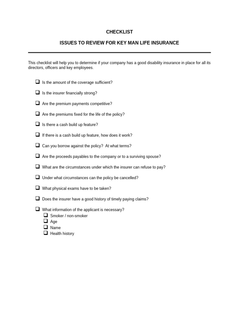 Checklist - Key Employee Life Insurance | PDF