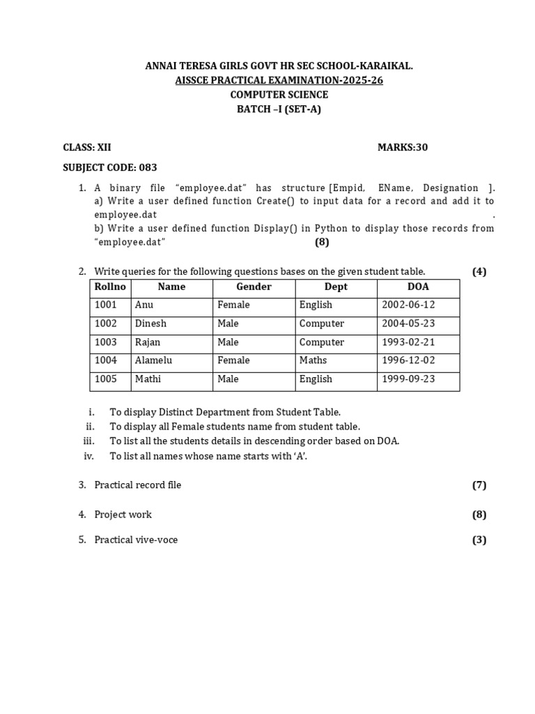 Aissce Practical Examination Cs2025 26 | PDF | Sql | Computer Data