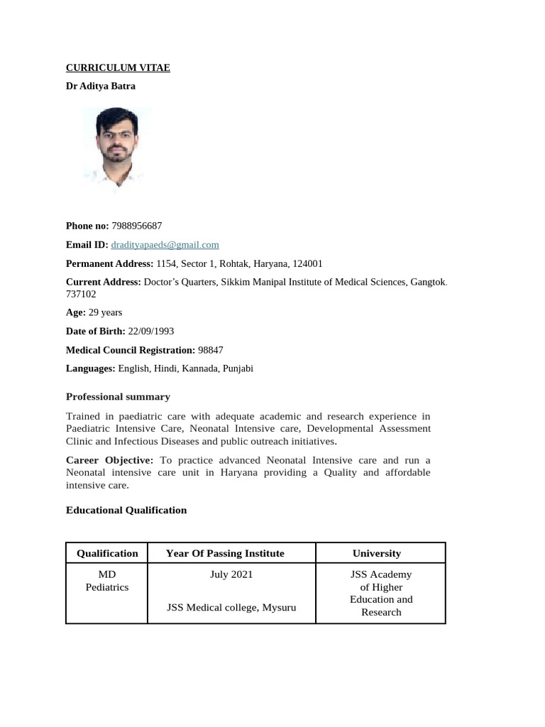 Aditya CV Updated Oct 24 | PDF | Neonatal Intensive Care Unit | Pediatrics