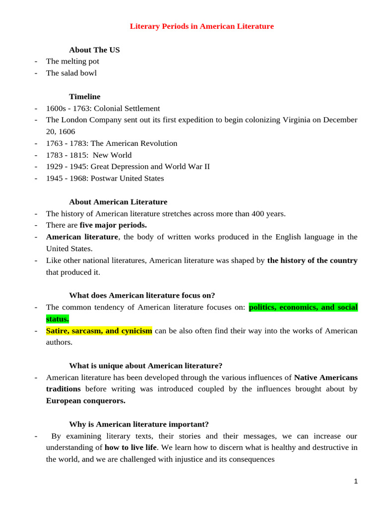 American Literature Periods Overview | PDF | Romanticism | Liberal Arts ...